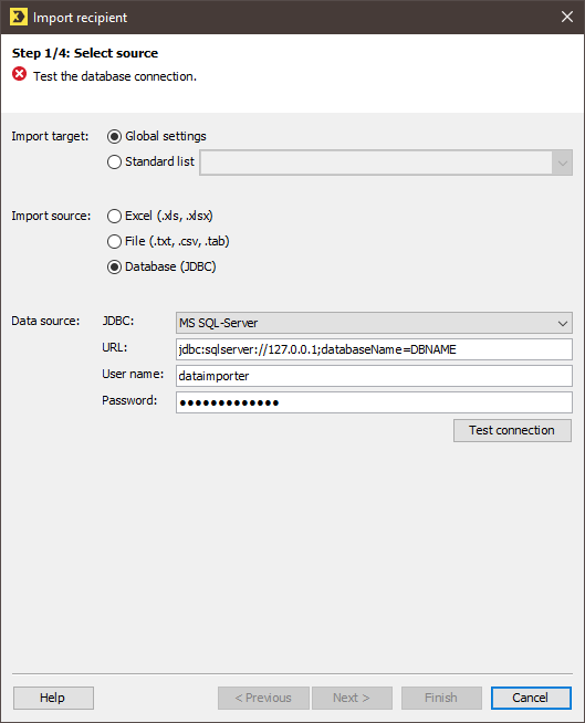 Step 1 of the dialog: Select source (database)
